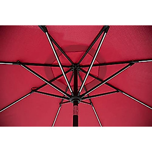 Sun-Ray 811028 9' Round Next Gen 8-Rib Solar Patio Umbrella 32 LED Within Unique Strip Lighting, Crank and Tilt, 9 ft, Scarlet/Red
