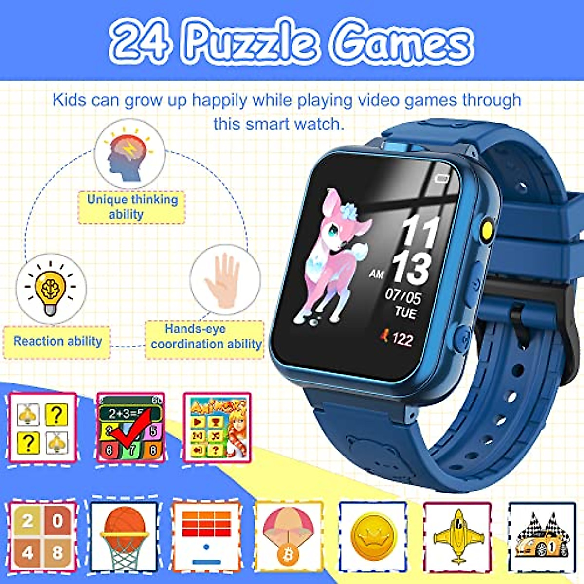 Smart Watch for Kids Girls Boys, Kids Watches with Dual Cameras 24 Learning Games Music Video Pedometer Alarm Calculator Watches, Gift for 3-10 Years Olds Girls Boys(Blue)