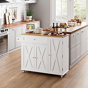 BOTLOG Kitchen Island with Storage, Island Table on Wheels with Drop Leaf, Spice Rack, Drawer, Towel Rack, Rolling Kitchen Island Cart for Dinning Room, White 15.7-27.55" D x 47.63" W x 35.43" H