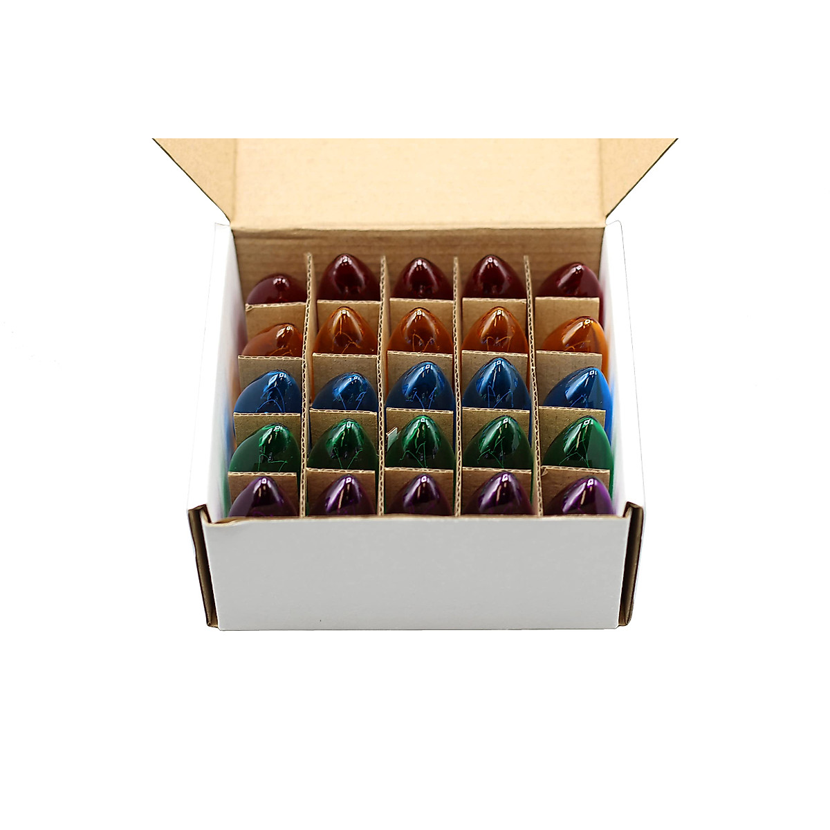 Creative Hobbies 25 Pack C7 Transparent Multicolor Christmas Light Bulbs - 7W Steady Burning Incandescent, Nickel Plated Candelabra Base, Extended Life