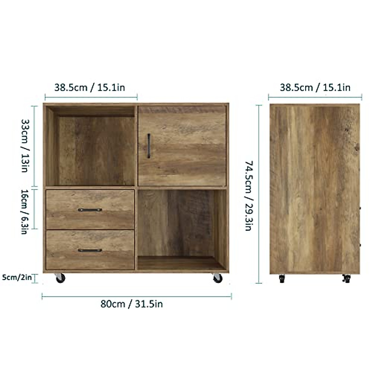 Graciia Wood Mobile File Cabinet, Lateral File Cabinet with 2 Drawers, Printer Stand with Storage Door and Shelves, Large Mobile Filing Cabinet for Home Office, Rustic Brown