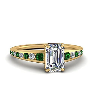 Jewelryonclick Graduated Channel Diamond Ring Yellow Gold Plated Created Emerald Emerald Shape Green Color Side Stone Engagement Rings Channel Setting in Size 9 Fashion Jewelry