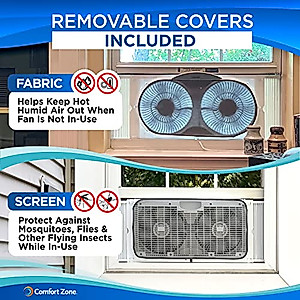 Comfort Zone CZ310R 9" 3-Speed, 3-Function, Expandable, Reversible Twin Window Fan with Remote Control, Removable Cover