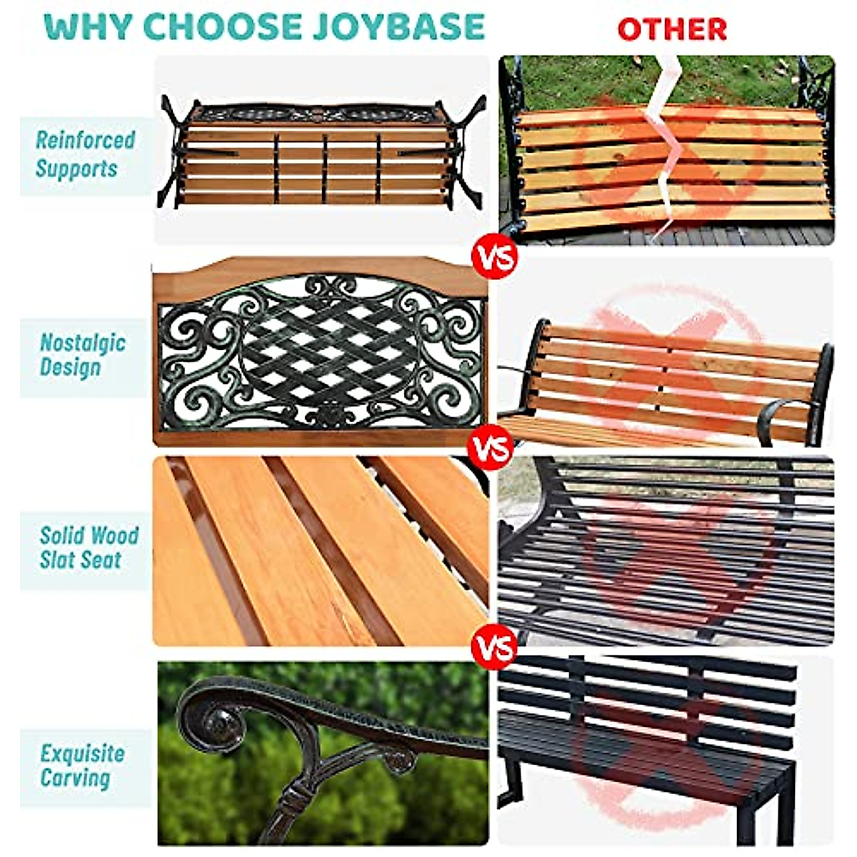 JOYBASE 50" Outdoor Bench, Park Bench, Wood and Iron Garden Bench, Patio Bench, Porch Bench, Outside Bench, Yard Bench (Black&Natural)