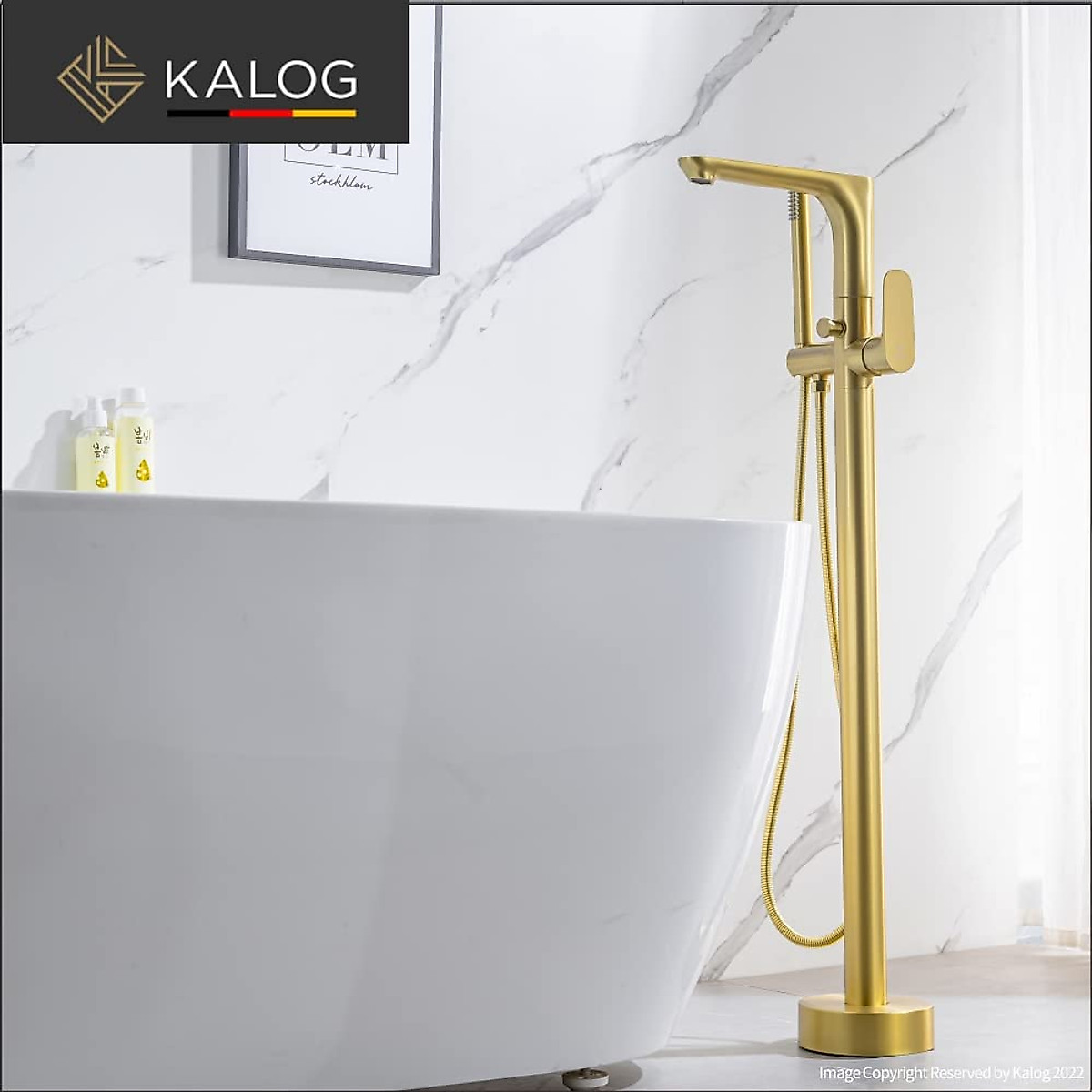 KALOG Single Handle Freestanding Tub Filler Floor Mount Bathtub Faucet with Handheld Shower (Brushed Gold-G)