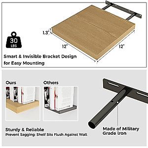 Floating Shelves for Wall, 3 Small Wall Mounted Shelves with Invisible Brackets, Square Wood Floating Wall Shelf Shelves for Living Room, Bedroom, Kitchen, Bathroom Decor (Oak, 12" W x 12" D x 1.3" H)