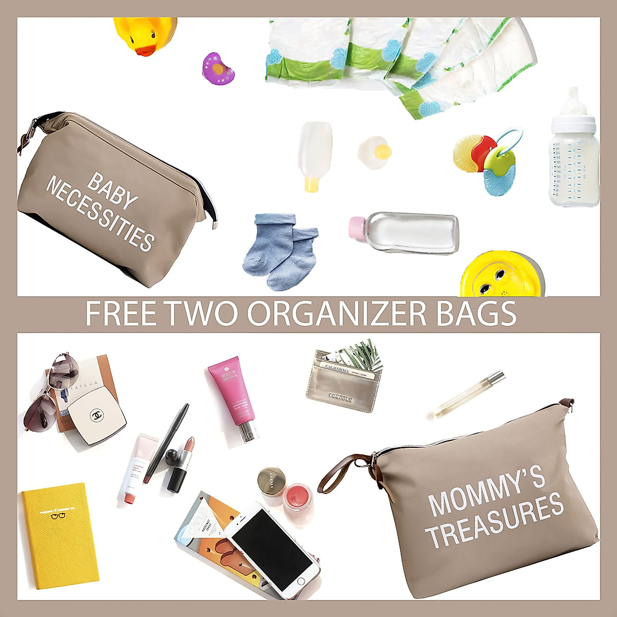 CHQEL Diaper Tote with 2 Organizers, Multifunctional Mommy Bag for Hospital & Baby Diaper Travel Care