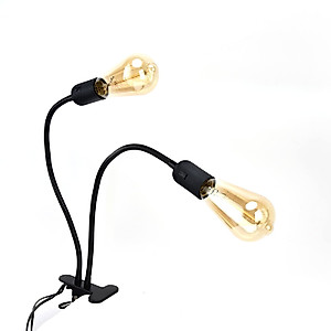 Luqeeg Clip Desk Lamp Socket, E26/E27 Reading Light Stand Clamp Lamp Fixture, 360 Degrees Two Head Clip on Light Bulb Holder with On/Off Switch and Clamp for Headboard Video Study Work, Black(#1)