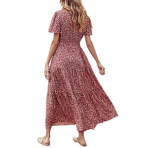 PRETTYGARDEN Women's Summer Casual Short Flutter Sleeve Round Neck Smocked Waist Tiered Boho Floral Flowy Maxi Dress(Floral Red Brown,X-Large)