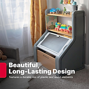 Step2 Harmony Toy Storage Box, Wood and Plastic, Shelves for Books, Toy Storage Bin with Chalkboard Lid and Clip, Easel and Toy Organizer in One