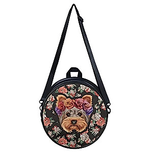 SCRAWLGOD Women Round Satchel Bag Yorkshire Terrier Dog Floral Print Small Crossbody Bags Cell Phone Purse Clutch Messenger Shoulder Handbag