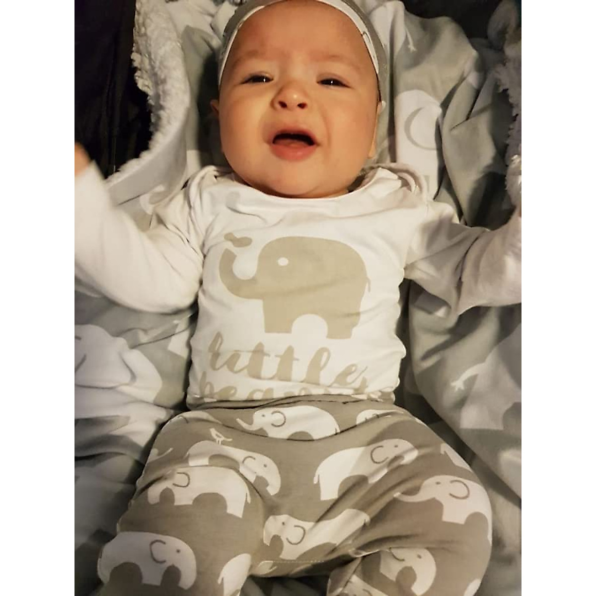 Siracend Newborn Infant Baby Boy Clothes Elephant Print Long Sleeve Bodysuit + Pants + Hat 3 PCS Outfits Set (0-3 months) White