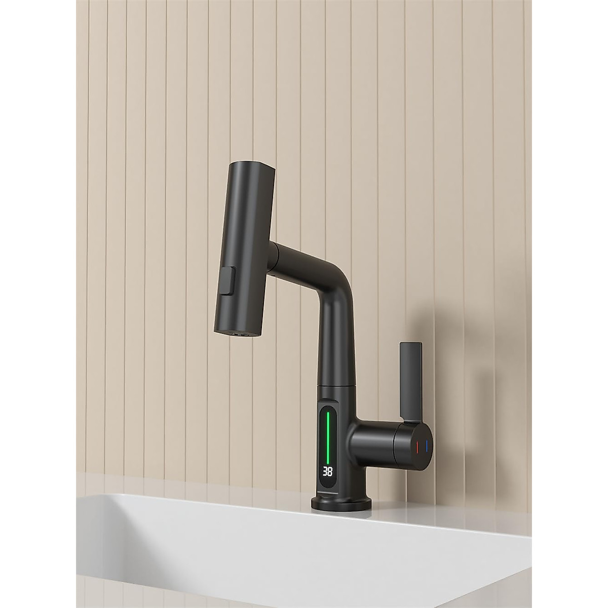 Weirun Bathroom Single Handle Basin Sink Pull Out Faucet with Rainfall Spray Head Temperature Digital Display Vanity Mixer Tap Matte Black