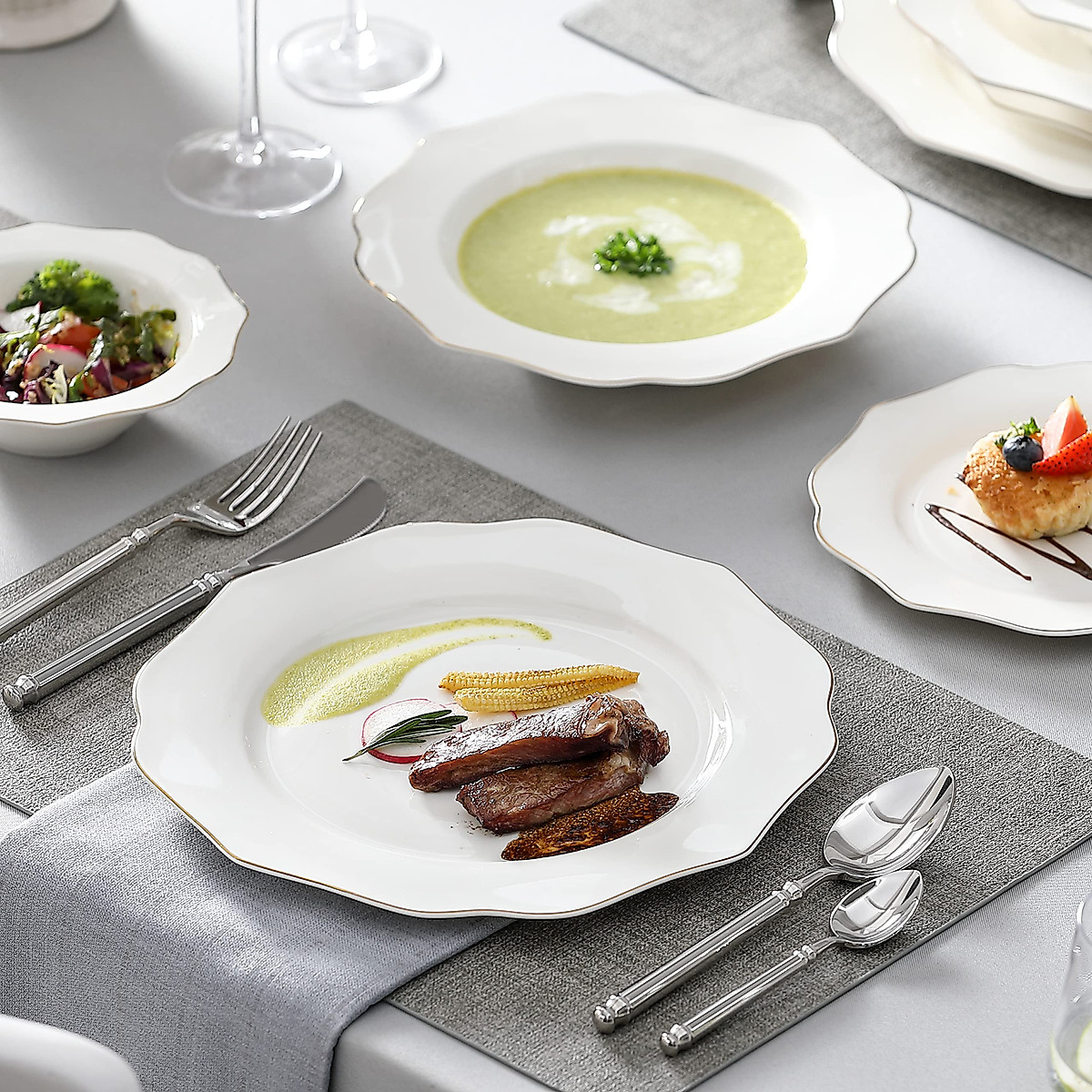 MALACASA Bone China Dinnerware Set, 32 Piece Round Plates and Bowls Sets for 8, White Dinnerware Sets with Golden Rim, Lightweight Dishes Set with Plate and Bowl Set, Series LOTUS