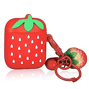 Oqplog for AirPod 2&1 Case, Protective Soft Silicone Funny Cute Fun Fashion Cover for Girls Kids Teens Air Pods, Cool Fruit Shockproof Design Skin Accessories Cases for Airpods 1/2 - Strawberry Chain