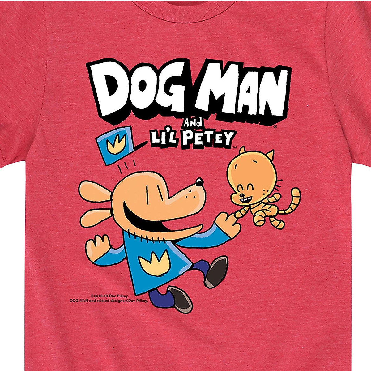 Dog Man and Lil Petey - Youth Short Sleeve Graphic T-Shirt - Size Large Heather Red
