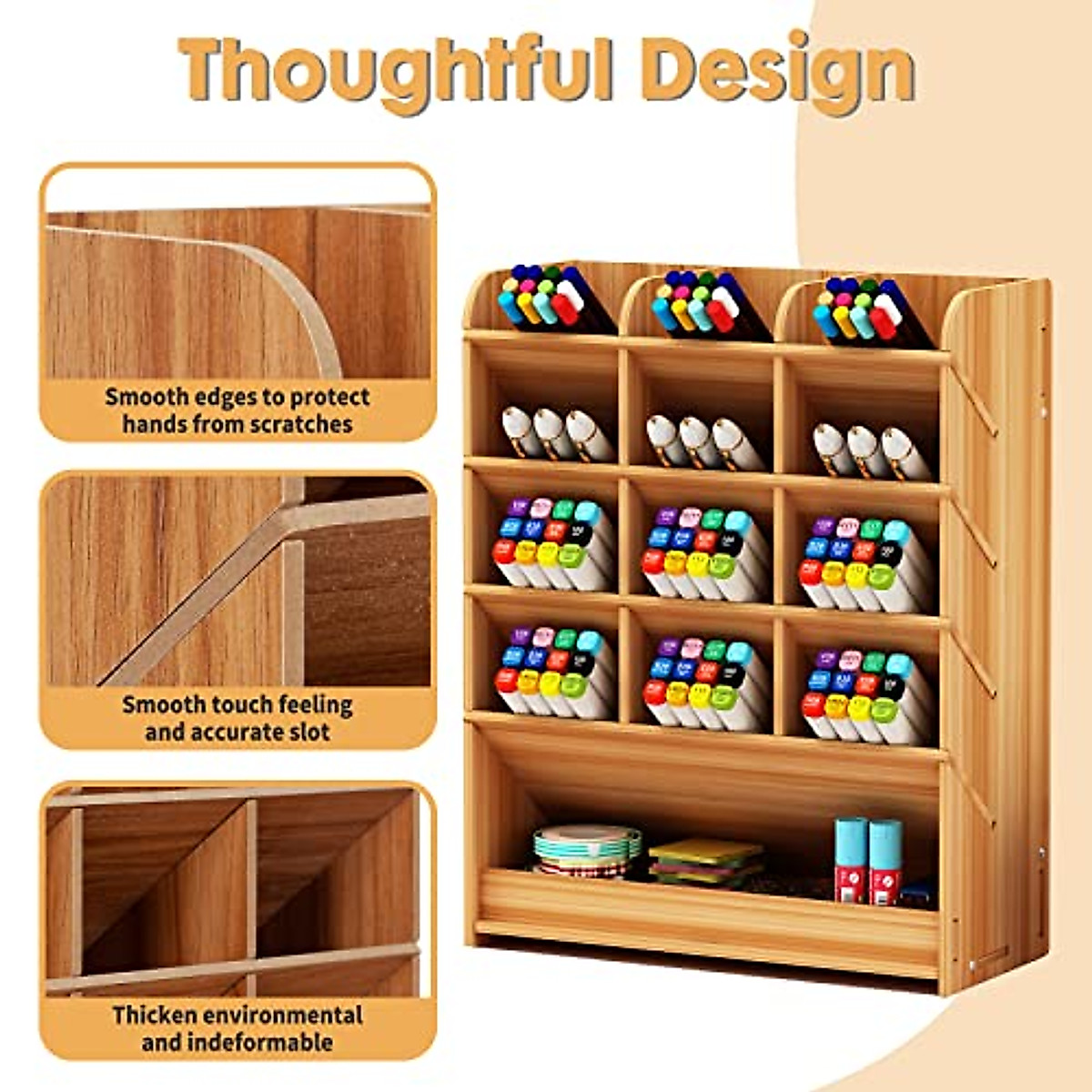 ShellKingdom Wooden Desk Organizer, Desktop Stationery Holder for Pen Pencil Markers, Makeup Brushes, Lipsticks Storage, with 13 Compartments for Home Office School