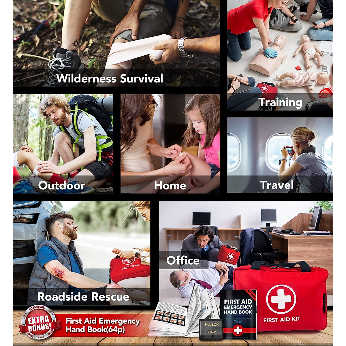 330 Piece First Aid Kit, Premium Waterproof Compact Trauma Medical Kits for Any Emergencies, Ideal for Home, Office, Car, Travel, Outdoor, Camping, Hiking, Boating (Red)