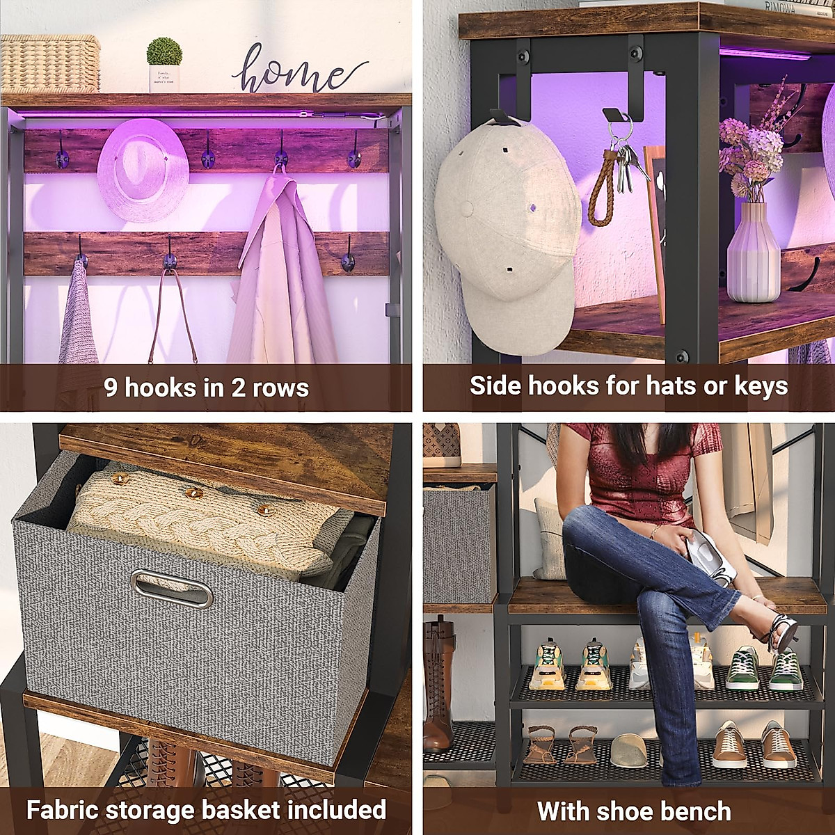 Aheaplus Hall Tree with Storage Bench, Coat Rack with LED Lights, 5-Tier Shelves, Fabric Storage Basket, Side Hooks, 71’’ Industrial 5 in 1 Large Organizer, Sturdy Metal Frame, Rustic Brown