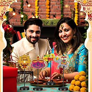 Wonderjune 6 Pcs Happy Diwali Wooden Table Topper Tall Standing Diwali Wood Table Decoration Happy Diwali Wooden Sign Porch Tabletop Decor Detachable Centerpiece Party Supplies (Multicolor,India)