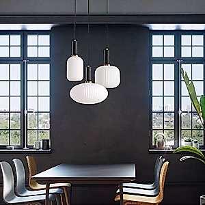 H XD GLOBAL Modern Pendant Lights, Black Lamp Holder Pendant Light Socket White Glass Pendant Lamp Shade,LED Hanging Light (Black, Medium)