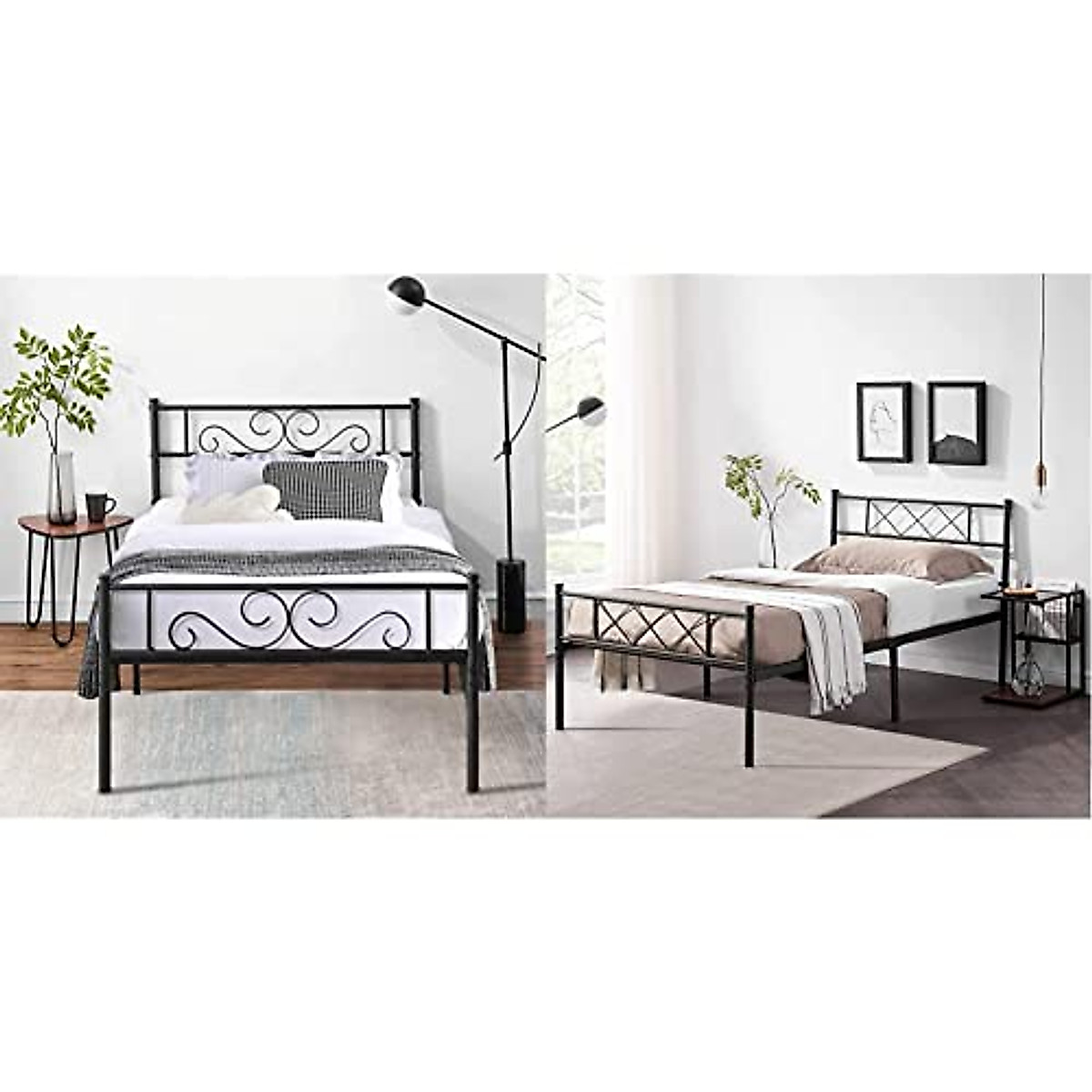 VECELO Metal Platform Bed Frame/Mattress Foundation, Twin Black & Metal Platform Bed Frame Mattress Foundation with Headboard & Footboard/Firm Support & Easy Set up Structure, Twin, Black