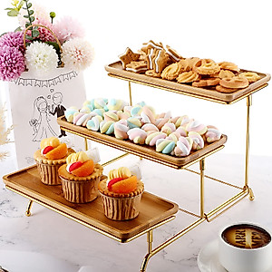 Thyle 2 Pcs 3 Tier Serving Trays Stand Rectangle Bamboo Tiered Serving Platters Dessert Table Display Set with 4 Pcs Tongs Trays with Metal Rack for Easter Wedding Party Food Cupcake(Gold)