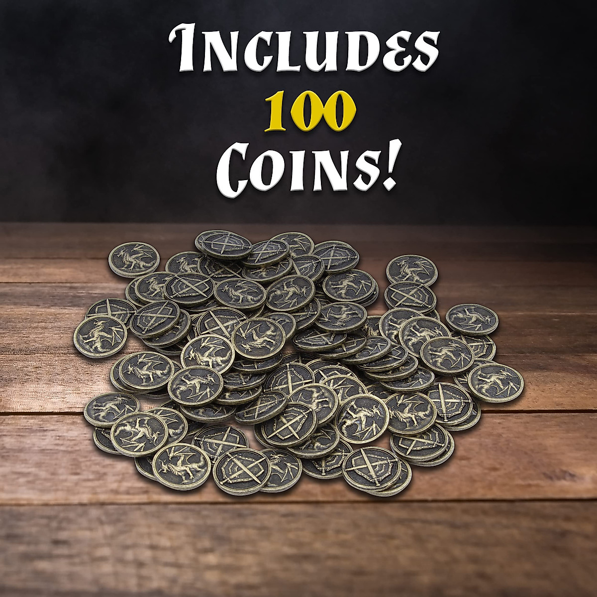 CASEMATIX Metal Coins and Pouch for Tabletop RPG Board Games - 100 DND Coins Fantasy Coins with Dragons & Sword and Shield Engraving, Metal Tokens for Board Games with PU Leather Bag