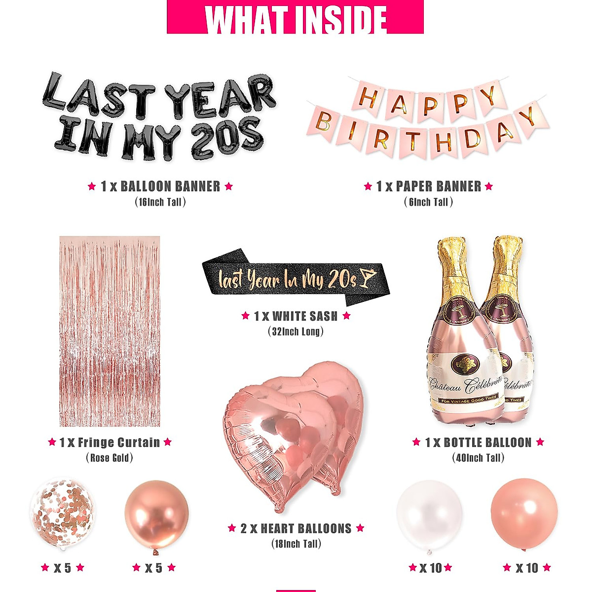 29th Birthday Party Decorations for Women Rose Gold Supplies Set with Last Year In My 20s Balloon Banner and Sash including 29 BDay Digit Balloons for Her