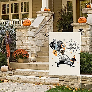 Happy Halloween Skeleton Dachshund Dog Garden Flag Double-Sided Skeleton Dachshund Dog with Skull Spooky Face Balloons Yard Flag for Halloween Holidays Outdoor Yard Decorations 12x18 inch (halloween Skeleton dachshund dog)