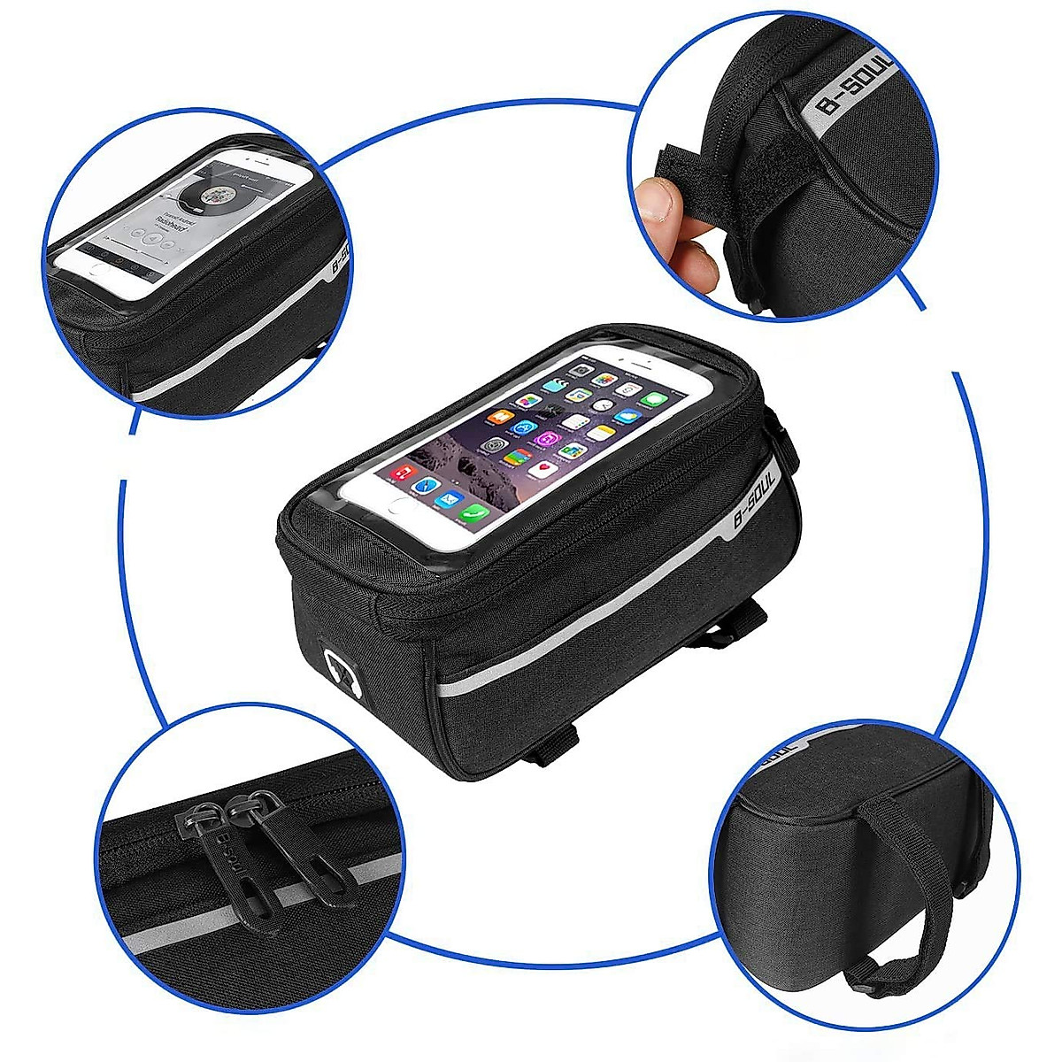 Bike Phone Mount Bag Cycling Bicycle Front Frame Top Tube Handlebar Bag with Touch Screen Holder Case for Samsung Note 20 Ultra S20 Ultra S20 Plus A51 A71 Moto Edge G Plus Power Stylus (black)