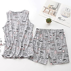 Lu's Chic Women's Short Pajama Set Cute 2 Piece Sleepwear Cotton Print Sleeveless Loungewear Summer Drawstring Pleated Tank Crew Neck Grey Cup Large