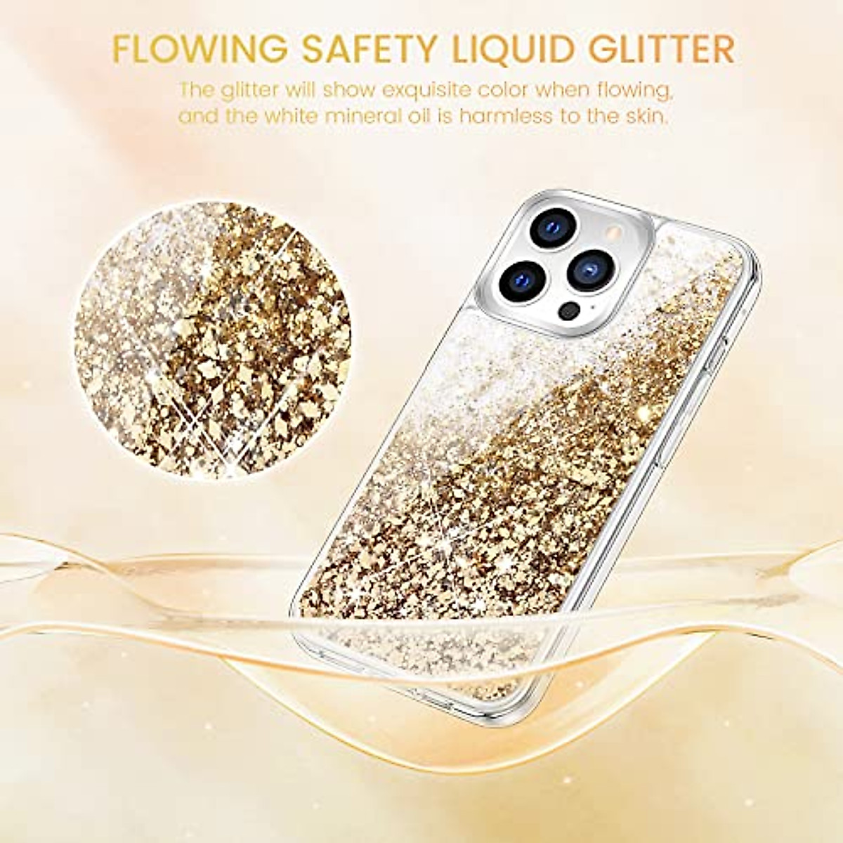 Caka for iPhone 14 Pro Max Case, iPhone 14 Pro Max Phone Case Glitter Bling Sparkle Liquid for Women Girls Flowing Quicksand Clear Case Cover for iPhone 14 Pro Max 2022 - Gold