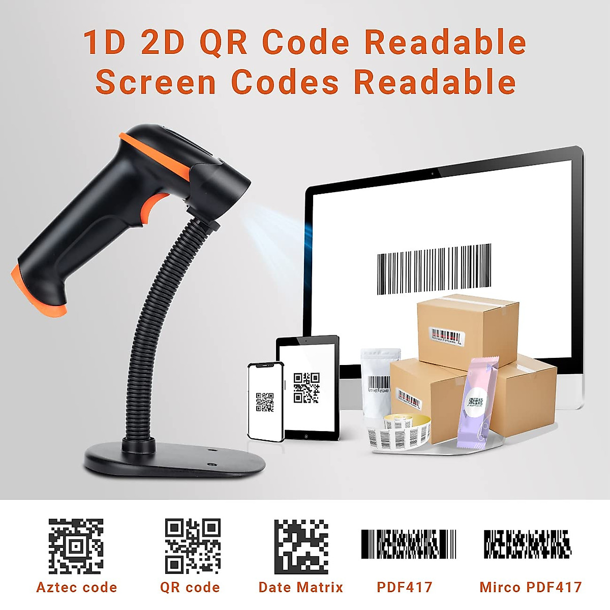 Tera Barcode Scanner Wireless and Wired with Battery Level Indicator 1D 2D QR Digital Printed Bar Codes Reader with Stand Portable Handheld Barcode Scanner Compact Plug and Play Model D5100-Z
