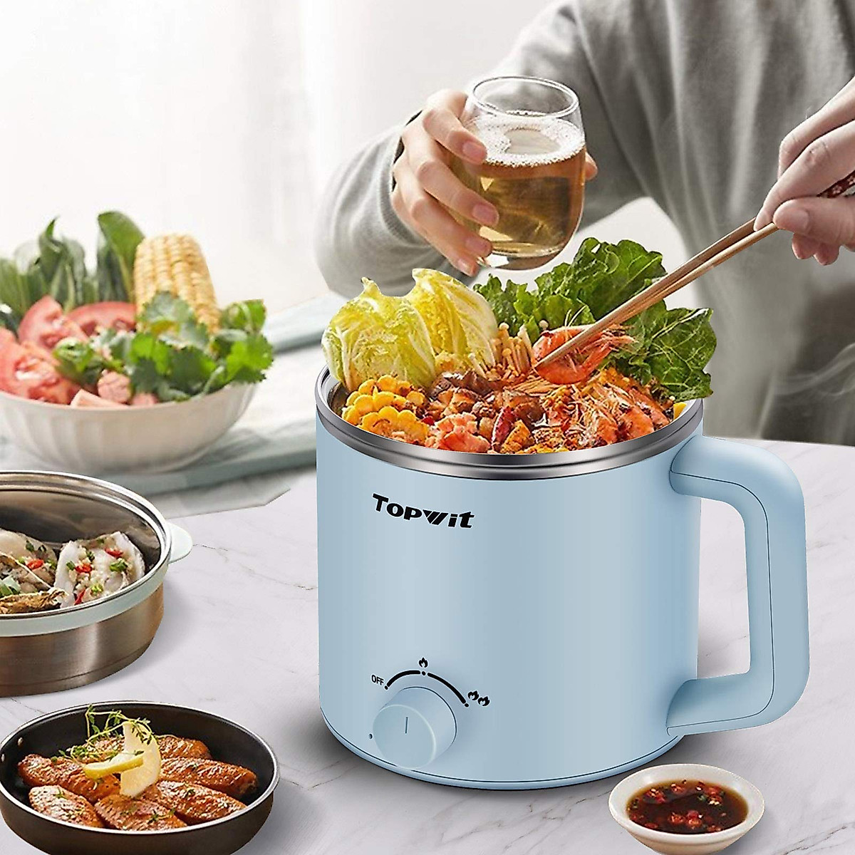 Topwit Hot Pot Electric, Electric Pot, 1.6L Ramen Cooker, Multifunctional Electric Cooker for Pasta, Shabu-Shabu, Oatmeal, Soup and Egg with Over-Heating Protection, Boil Dry Protection, Blue