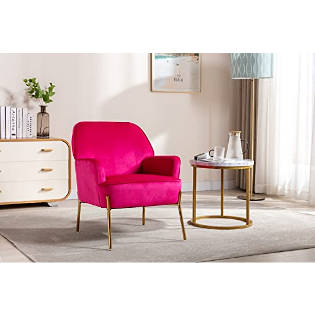 ZOBIDO Comfy Velvet Accent Chair with Glam Metal Legs for Dining Room Bedroom Living Room Beauty(Rose red)
