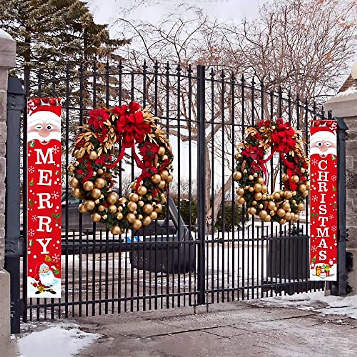 Christmas Decorations Banners, Merry Christmas Party Decor, Bright Red Xmas Hanging Banner for Outdoor/Indoor Home Front Door, 100D Fabric Porch Sign 72”x12”