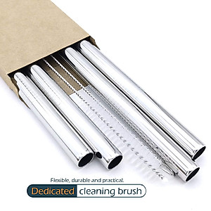 Super Big Drinking Straws Set 12" Extra Long 1/2" Extra Wide Reusable 304 Food-Grade 18/8 Stainless Steel for Frozen Drinks Boba Bubble Tea Smoothies and Shakes - Set of 4 with 2 Cleaning Brushes