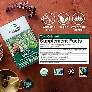 Organic India Tulsi Original Herbal Tea - Holy Basil, Stress Relieving & Energizing, Immune Support, Adaptogen, Vegan, USDA Certified Organic, Non-GMO, Caffeine-Free - 18 Infusion Bags, 3 Pack