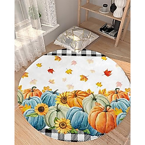 Autumn Pumpkin Fluffy Round Area Rug Carpets 5ft, Plush Shaggy Carpet Soft Circular Rugs, Non-Slip Fuzzy Accent Floor Mat for Living Room Bedroom Nursery Home Decor Thanksgiving Fall Plaid Leaves