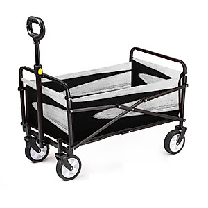 Collapsible Wagon Cart Curvy Wave in The Sand Shore of Beach in Black and White Foldable Utility Wagon Large Capacity Garden Cart with Push Bar for Beach Camp Outdoor Shopping