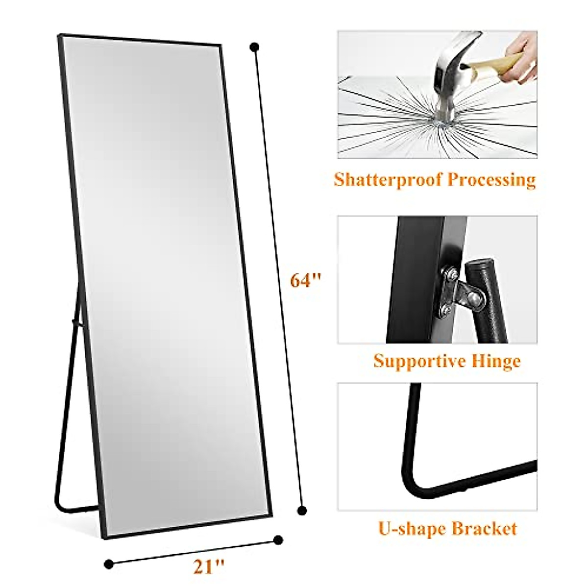 NeuType Full Length Mirror Dressing Mirror 64"x21" Large Rectangle Bedroom Floor Standing Mirror Wall-Mounted Mirror Standing Hanging or Leaning Against Wall Aluminum Alloy Thin Frame (Black)