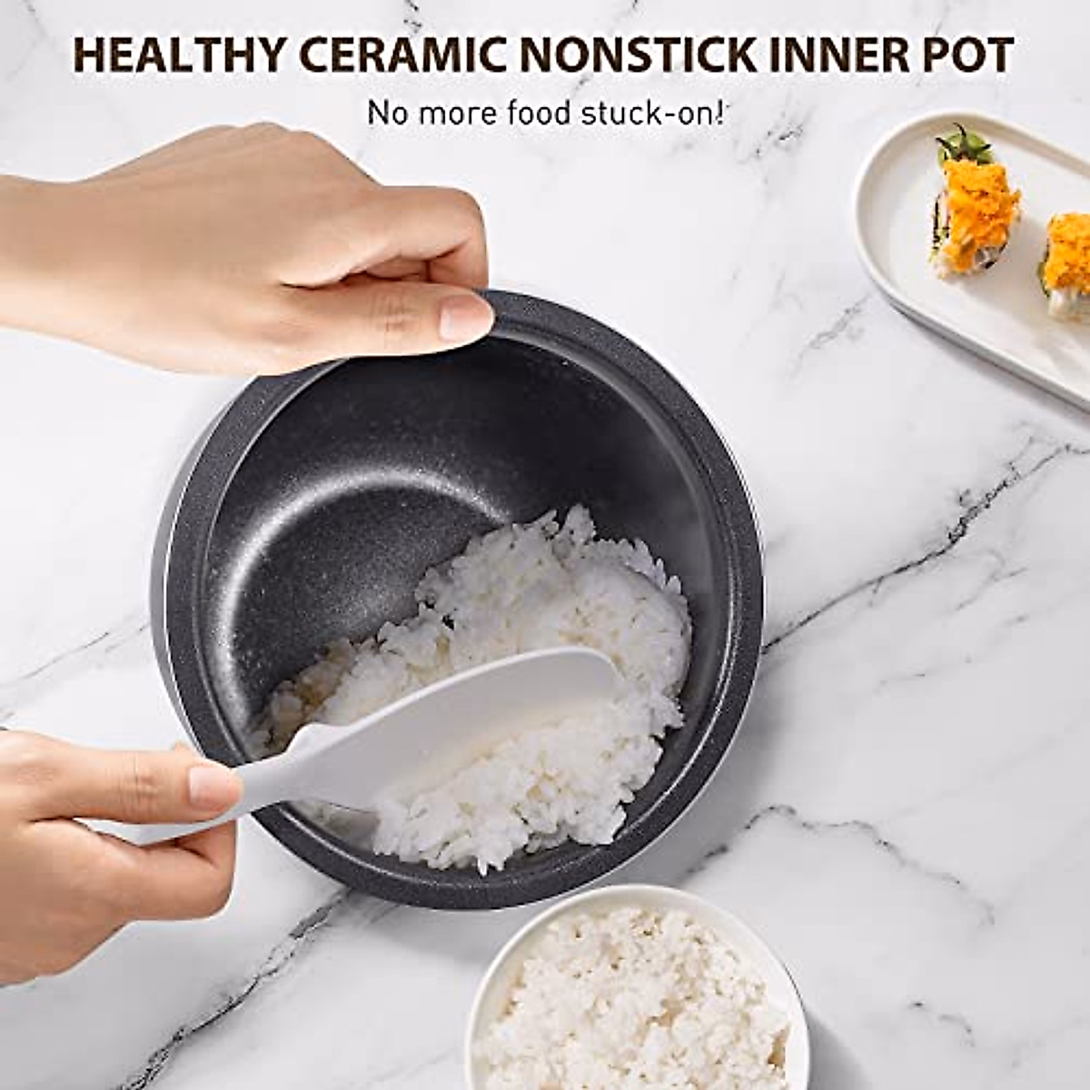 Bear Rice Cooker 6 Cups Cooked, 3D Heating and Fuzzy Logic, Healthy Ceramic Nonstick Small Rice Cooker, PFAS-Free, Touch-Screen, for White/Brown Rice Quinoa Oatmeal Soup, 1.6L White