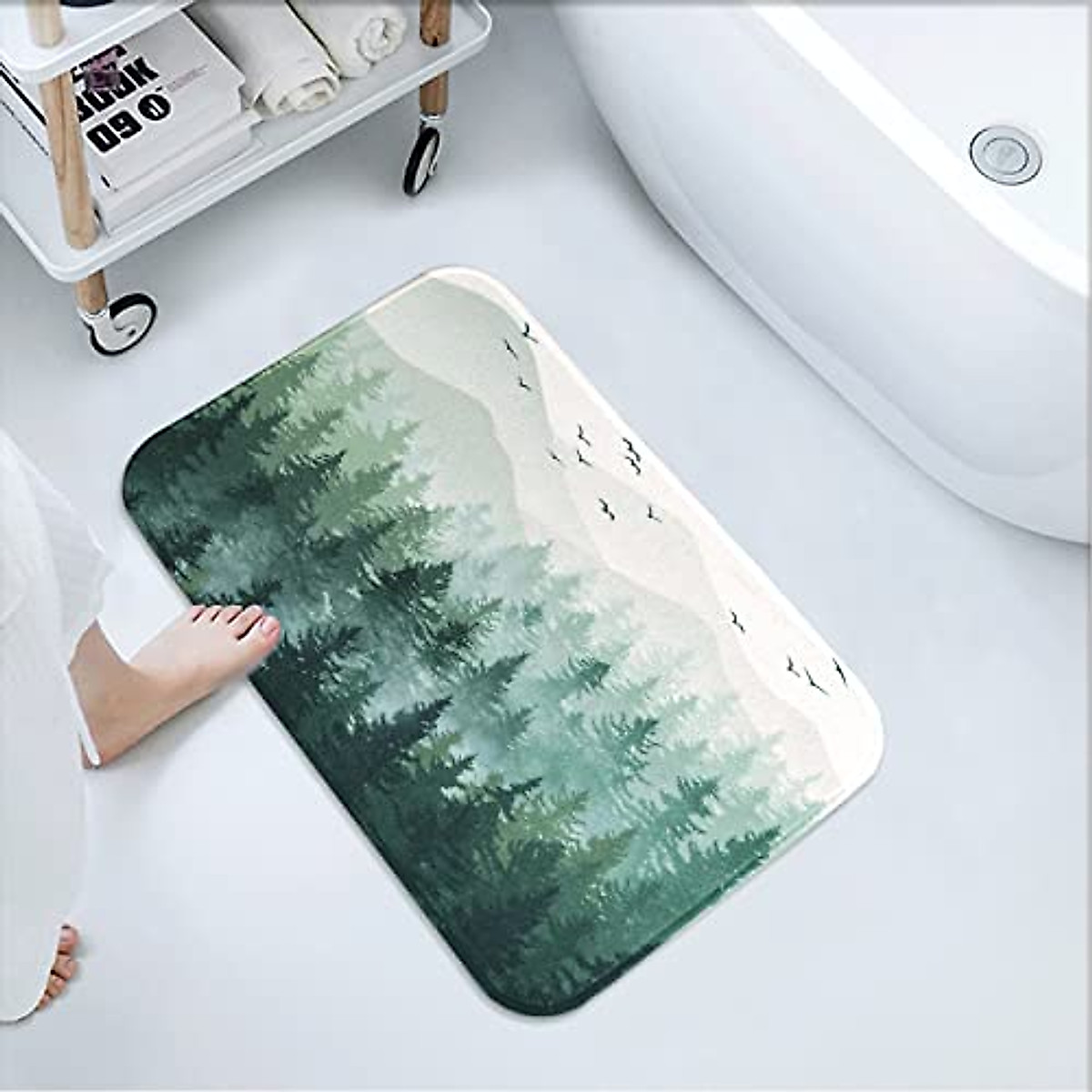 Accnicc Green and White Misty Forest Shower Curtain Bundle with Green Misty Forest Small Bathroom Rugs Mat Non-Slip Bath Rugs