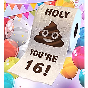Printed TP Holy Poop You're 16 Printed Toilet Paper Gag Gift – Funny Toilet Paper For Prank, Surprise, Bathroom Decor, Novelty Gift For Men, Women, Friends, Family, 16th Birthday Party - 500 Sheets