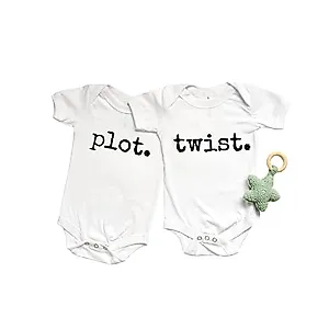Plot twist funny twin announcement baby boy or girl unisex bodysuit matching twin set (0-3 Month US)