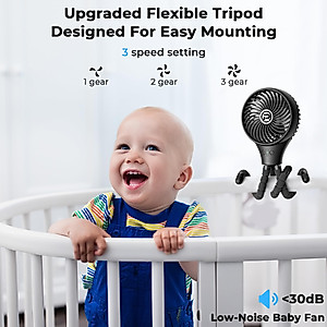 PANERGY Portable Stroller Fan, Rechargeable Battery Powered Oscillating Fan, Baby Fan with 3 Powerful & Quiet Speeds, 90° Oscillation, Flexible Tripod for Stroller, Car, Seat, Crib, Travel