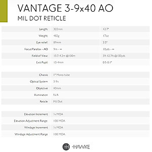 Vantage Riflescope 3-9x40 AO, 1", Mil Dot (Wire)