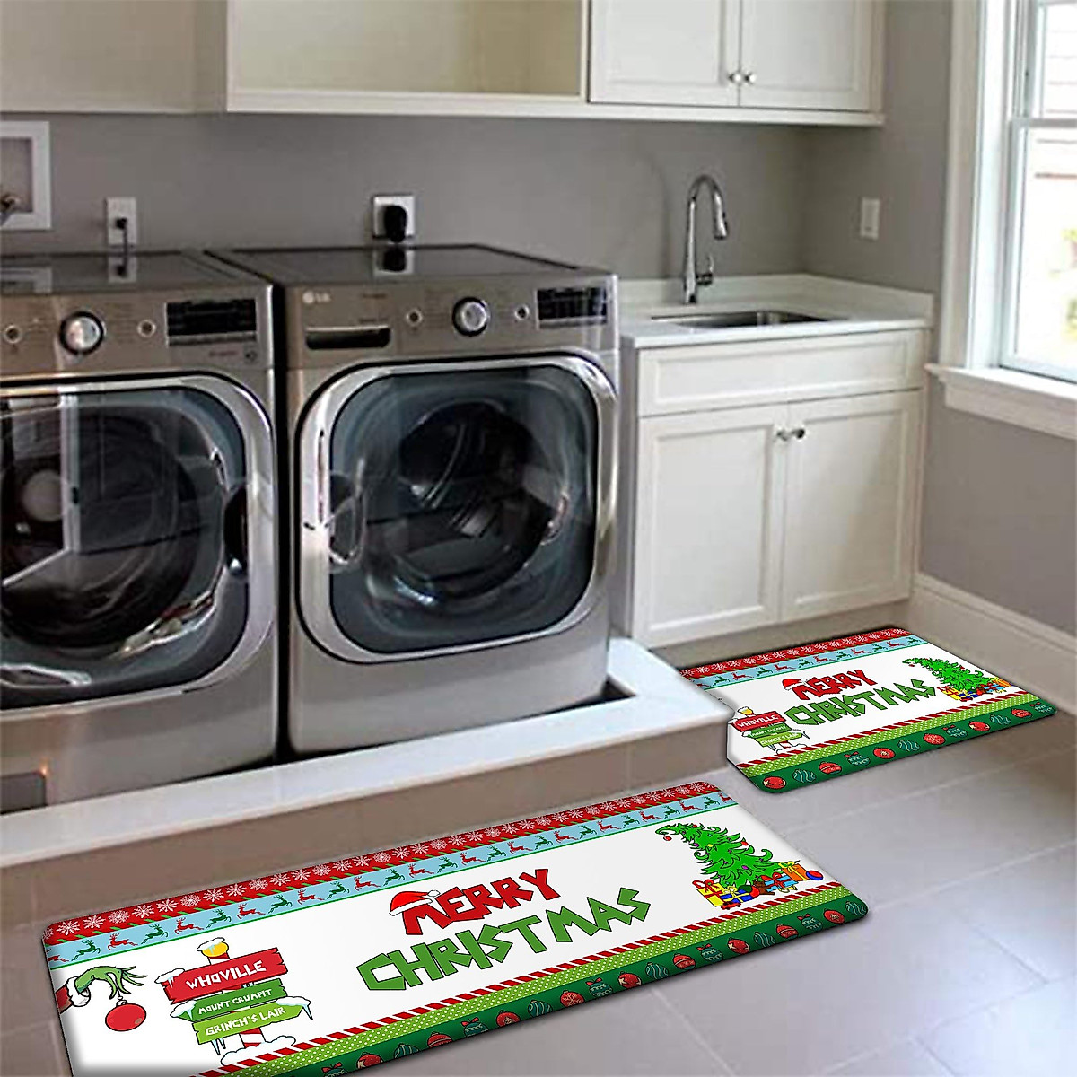 Moladika Merry Christmas Kitchen Mats Set of 2 Grinchmas Kitchen Mats for Floor Winter Xmas Tree Red and Green Cushioned Anti-Fatigue Floor Mats