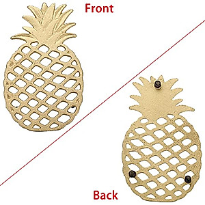BTSKY 2 Pack 8.5x5.2 Inch Cast Iron Trivets for Hot Dishes, Rustproof Pineapple Gold Metal Hot Pot Pads Decorative Hot Plate Trivets for Kitchen Countertop Dining Table with Rubber Pegs
